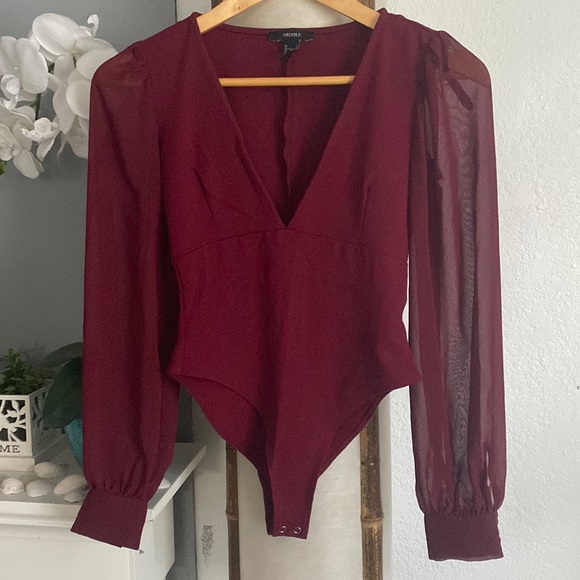 Forever 21 | Tops | Burgundy Long Sleeve Chiffon Bodysuit | Poshmark
